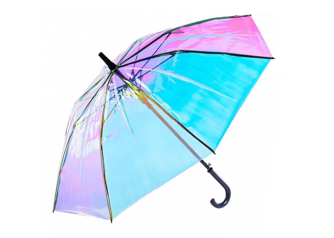 Iridescent Hologram Umbrella - Auto Open, Transparent Canopy