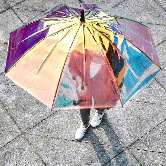 Iridescent Hologram Umbrella - Auto Open, Transparent Canopy