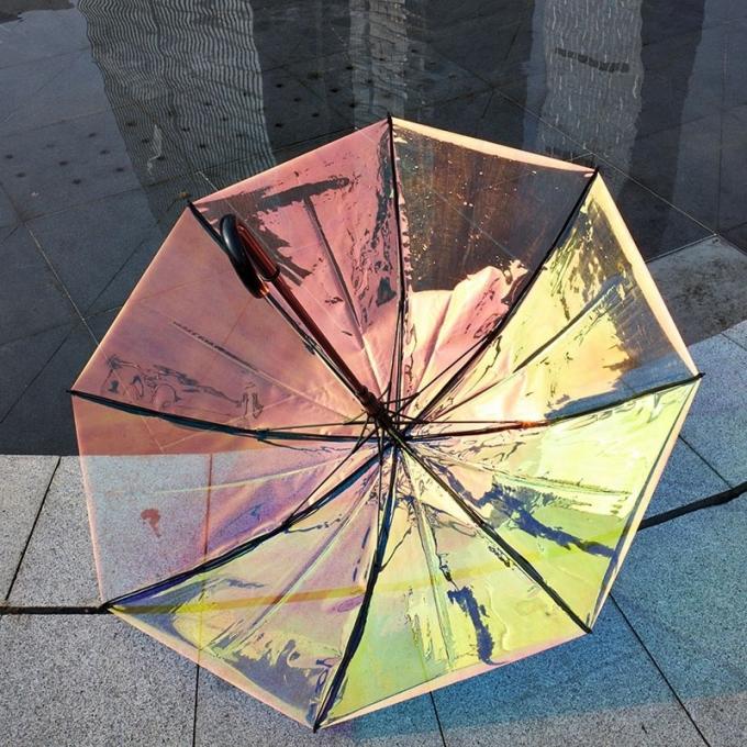 Iridescent Hologram Umbrella - Auto Open, Transparent Canopy